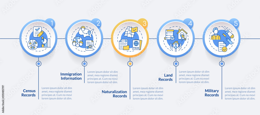 Family research records blue circle infographic template. Data ...