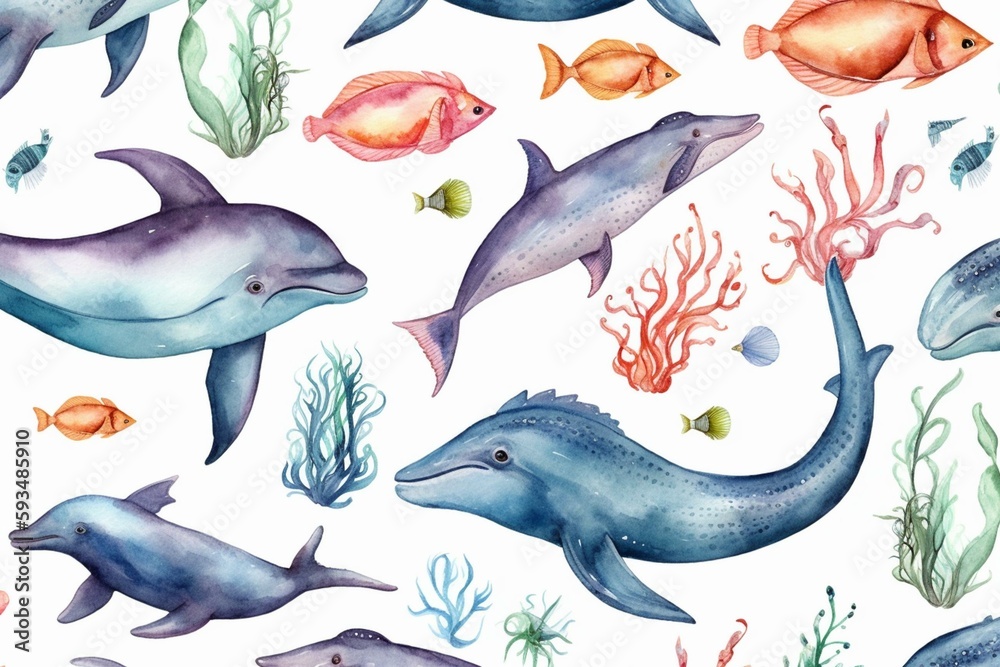 Seamless pattern with cute sea animals on white background. Whale ...