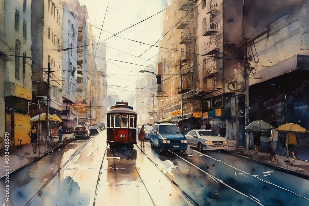 Watercolor painting of beautiful city. Landmark painting with colorful ...