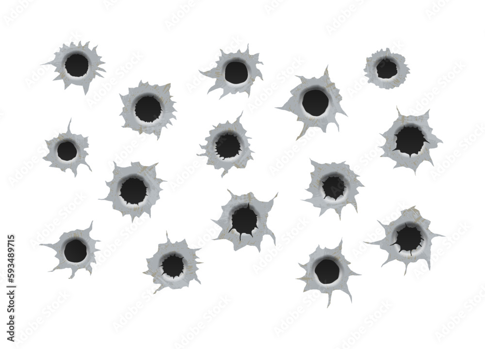 Ragged hole in metal from bullets on White transparent background ...