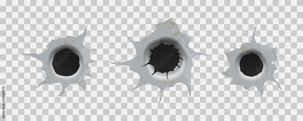 Vecteur Stock Ragged hole in metal from bullets on White transparent ...