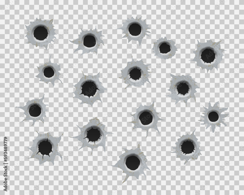 Realisic metal single and double bullet hole, damage effect. Ragged ...