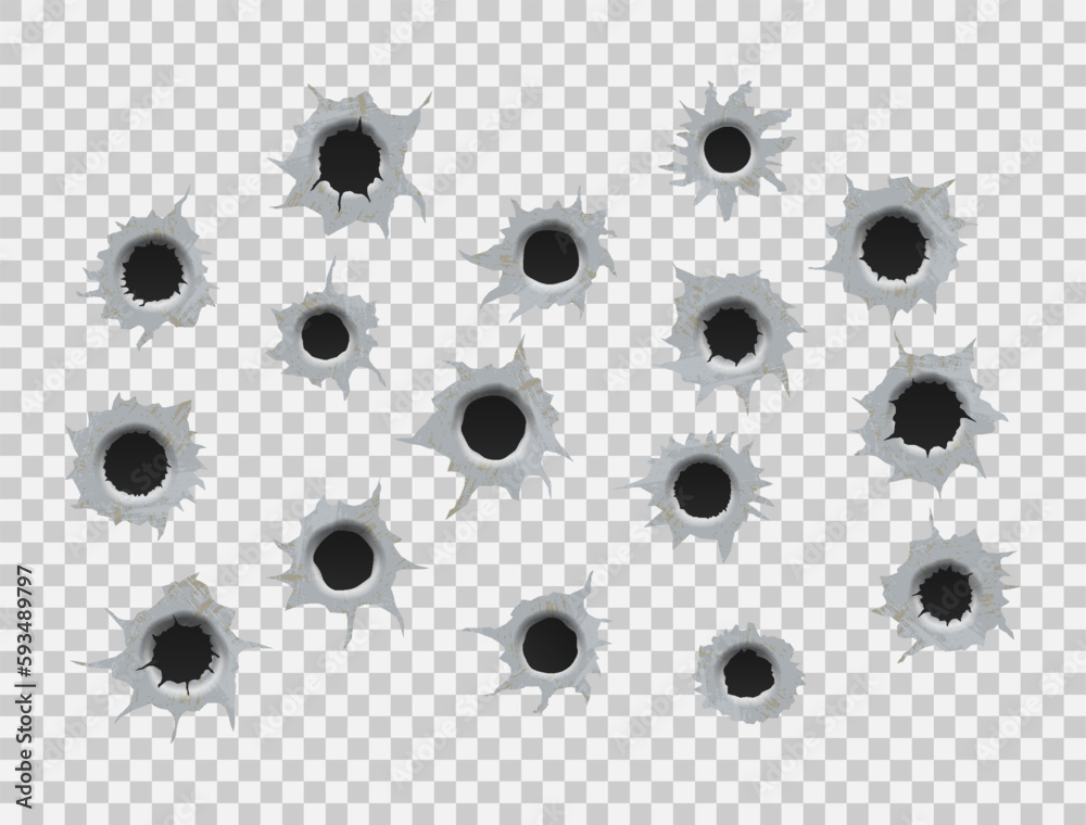 Set of six bullet holes. different damaged element from bullet on ...