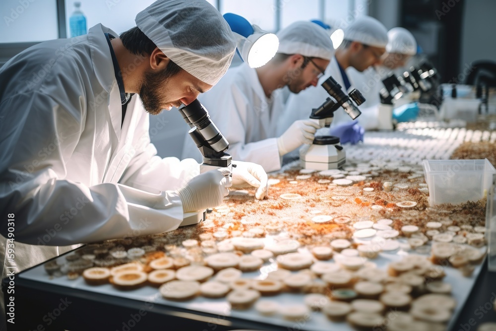 A laboratory, scientists in white coats studying dishes of psychedelic ...