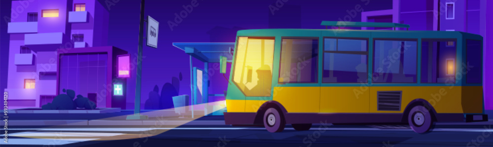 Night street view city bus stop on red traffic light vector ...