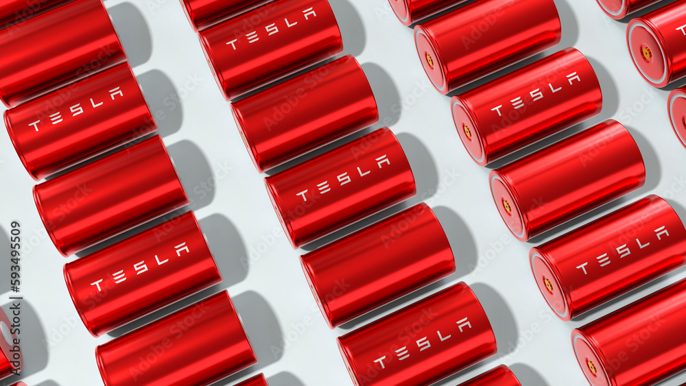 Lithium-ion red 4680 Tesla battery pack, High-capacity accumulator cell ...