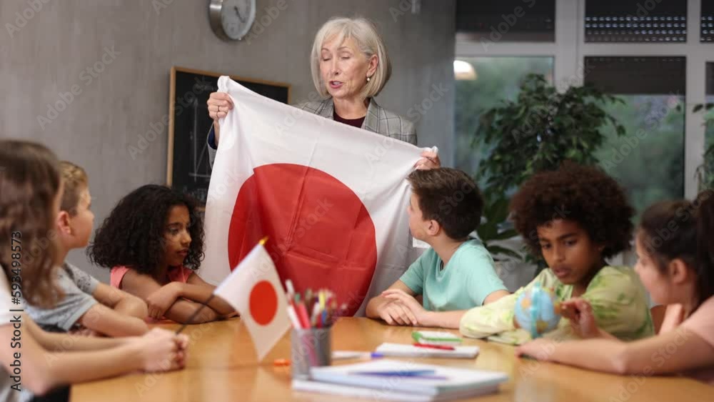 Kids learning together about japan in geography class Female teacher ...