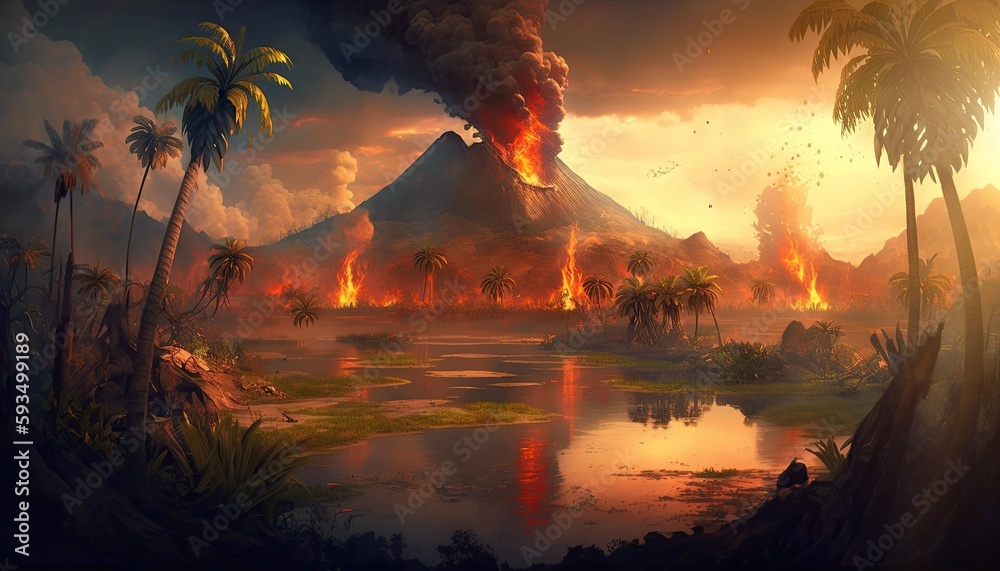 A game setting of landscape from 10,000 BC with volcanoes and lava ...