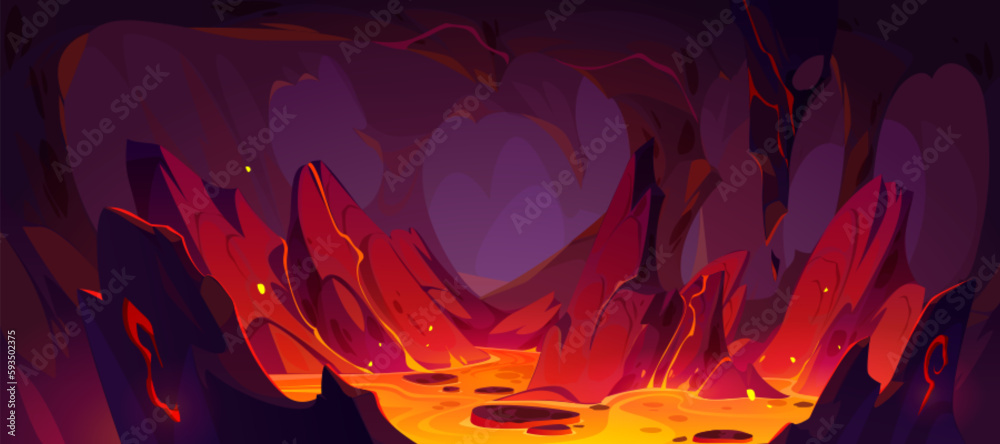 Game background of hell with lava in rock cave. Fantasy landscape of inferno with fiery molten ...