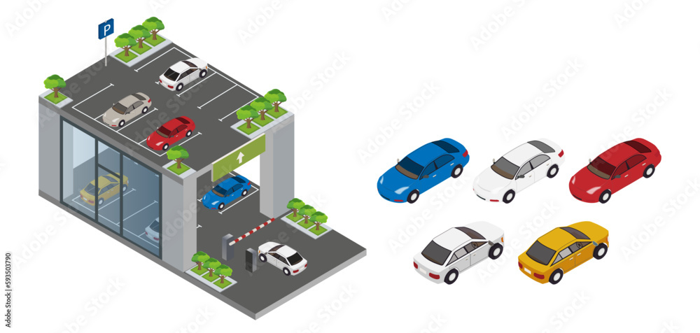 Isometric car parking with cars. Indoor car park building. City parking ...