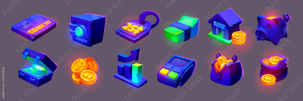 Blue finance game icon vector set with glow. Bank vault money cartoon ...
