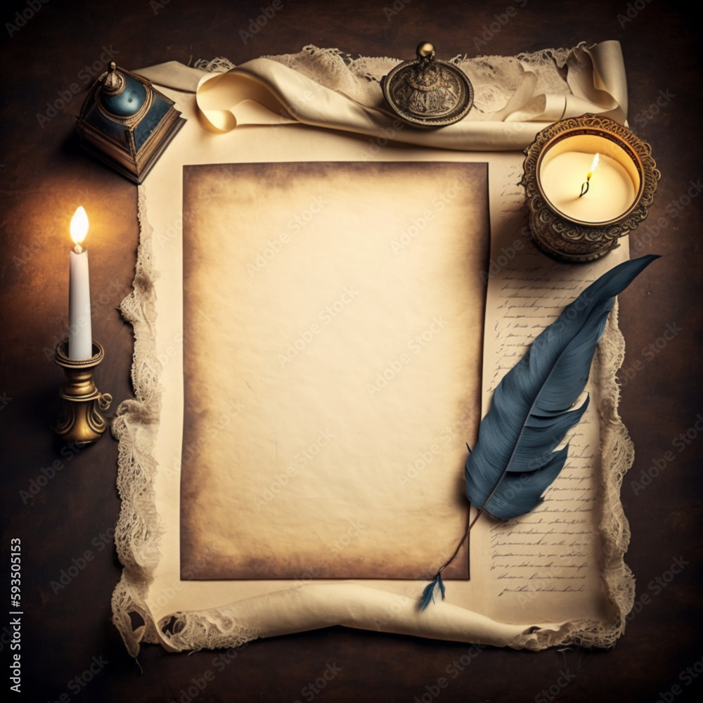 Quill pen and inkwell on old parchment paper. Vintage style. Space for ...