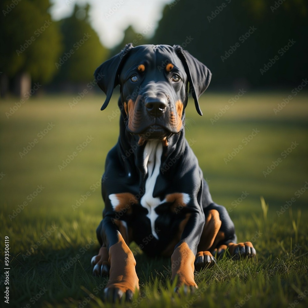 Doberman sitting on the grass facing the sun. Portrait of a dog in ...