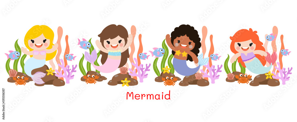 Mermaids Flat Clipart, sea animals and ocean life objects Stock Vector ...