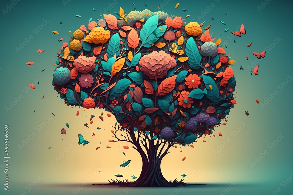 Illustration of a Human Brain Tree with Flowers and Butterflies ...