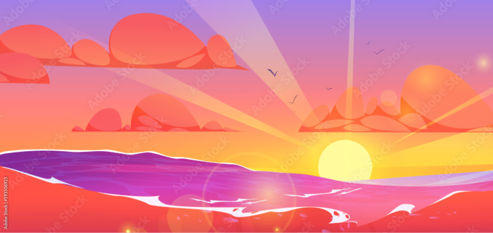 Cartoon seascape with sunset on horizon. Vector illustration of sun ...
