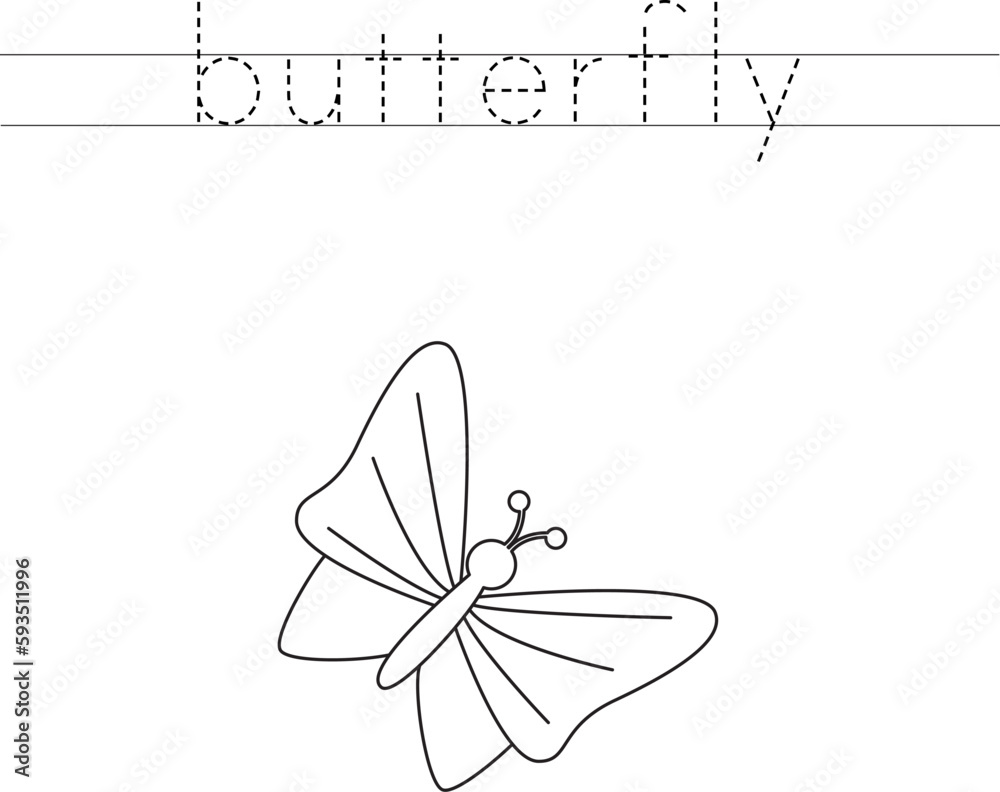 Trace the letters and color cartoon butterfly. Handwriting practice for ...