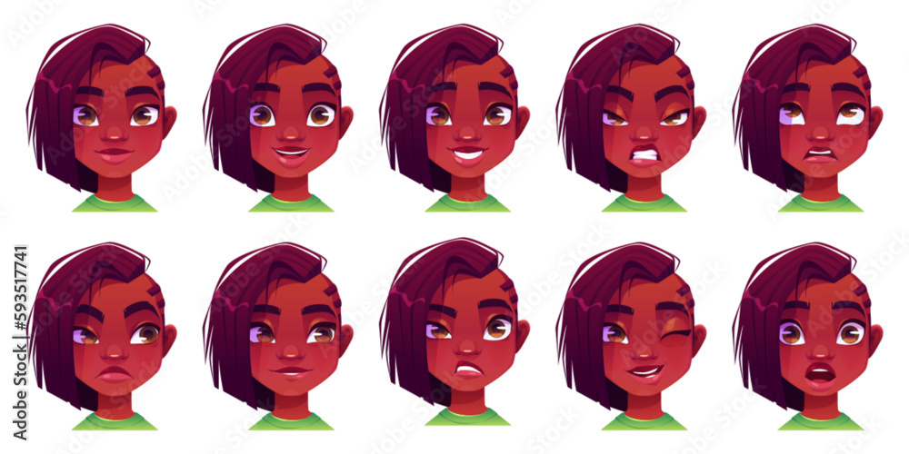 Black african girl face expression avatar vector set. Different female ...