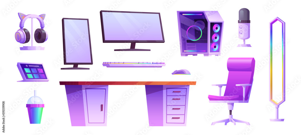 Isolated game computer in streamer room interior vector set. Cartoon ...