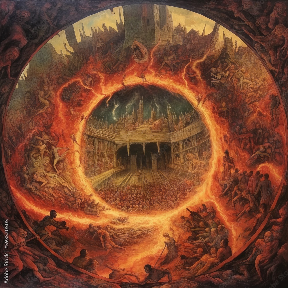 9 circles of Dante's hell painting. The image depicts the concept of ...