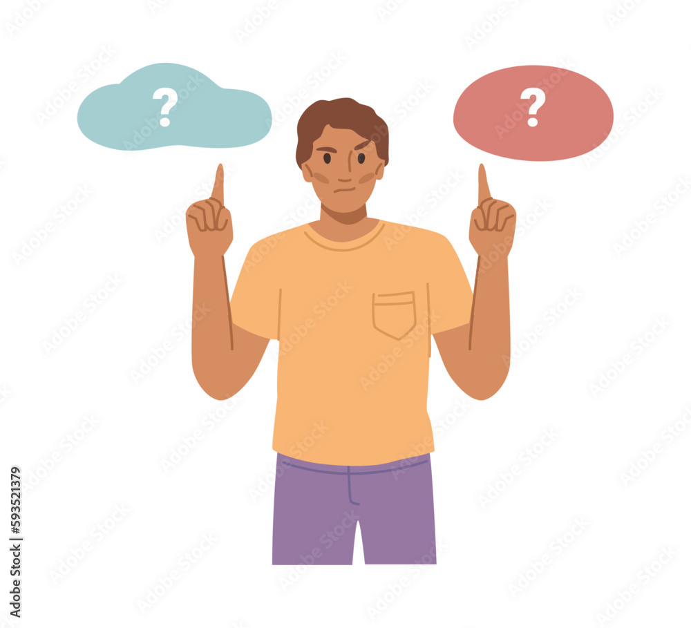 Vetor de Making decision and showing choice, isolated man asking to ...