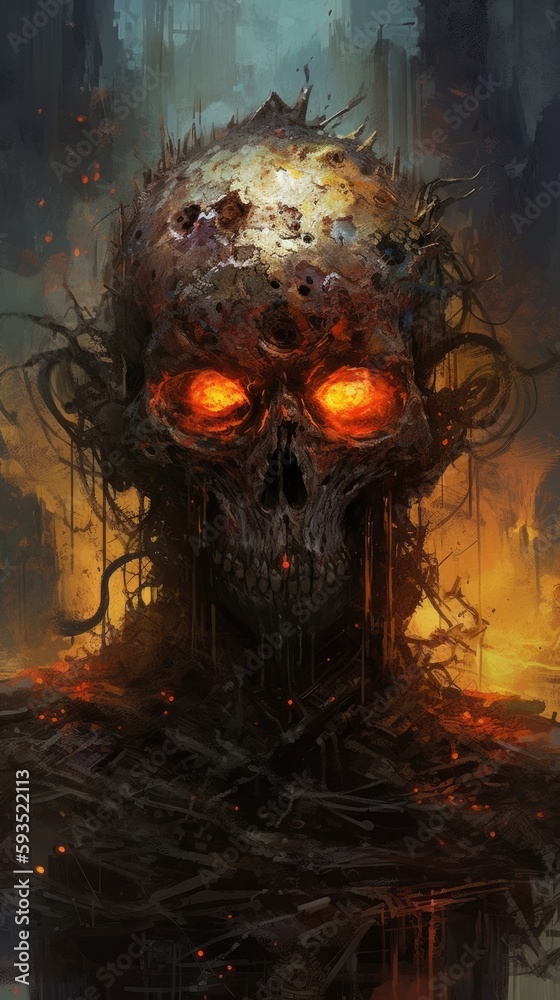 Terrifying industrial steampunk skeleton soldier of wires and chains ...
