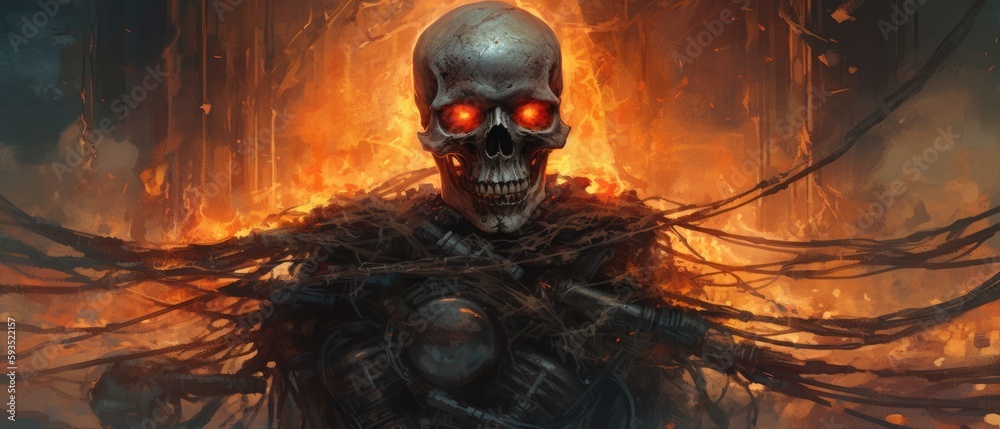 Terrifying industrial steampunk skeleton soldier of wires and chains ...