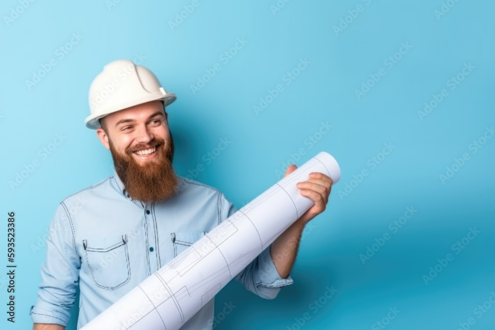 Building the Future: Smiling House-builder, engineer holding blueprint ...