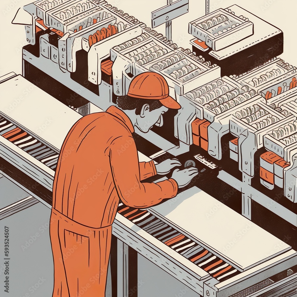 An illustration of a factory with multiple production lines ...