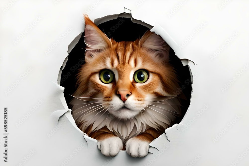 A house cat looks through a hole in the wall, , Generative AI Stock ...