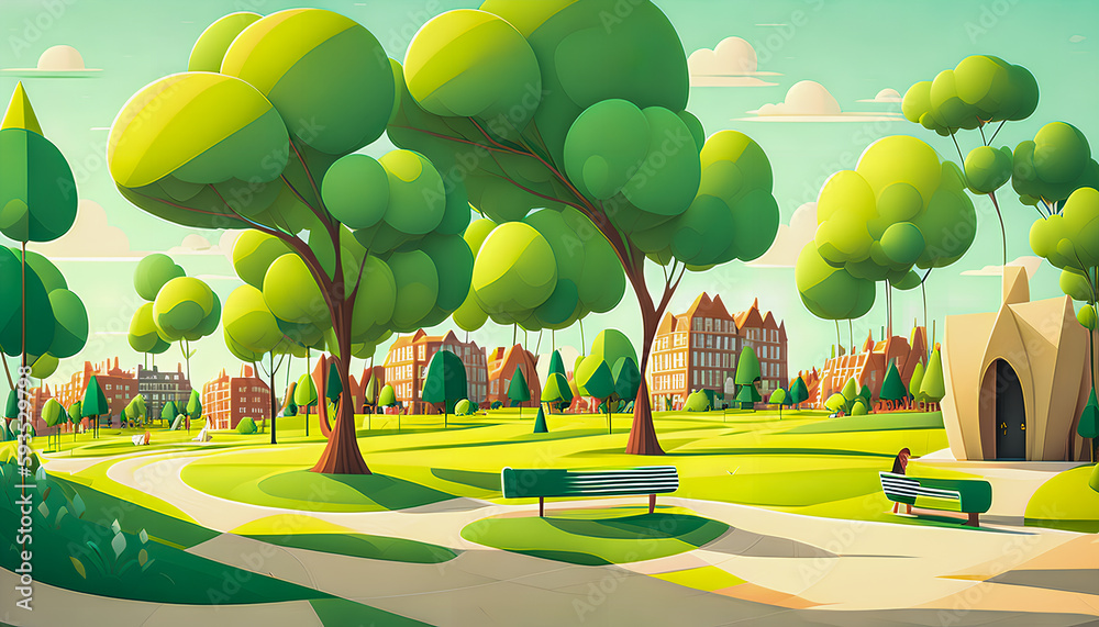 Urban park with paths, benches, and trees. Drawn style, Generative AI ...