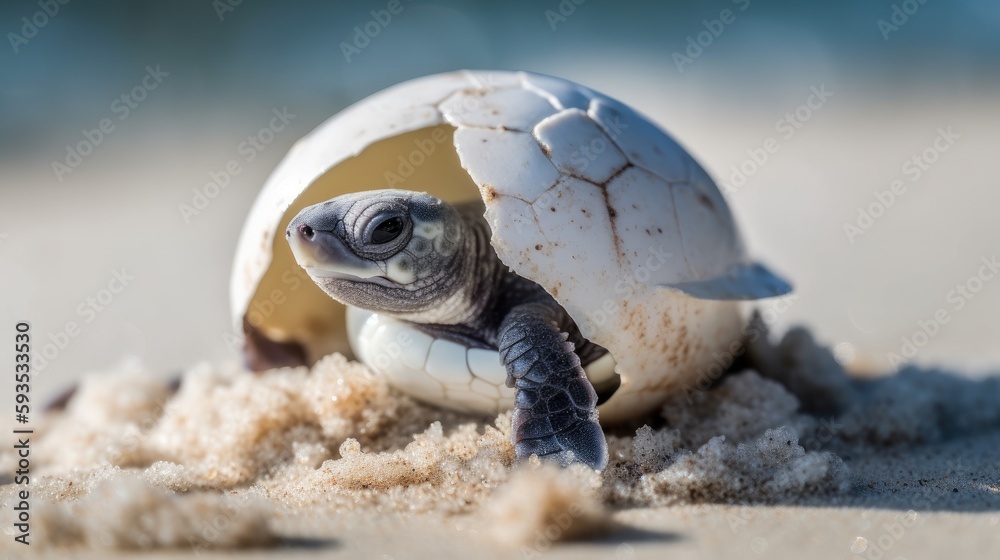 Baby turtles hatching from a cracking egg and running to the sea on the ...