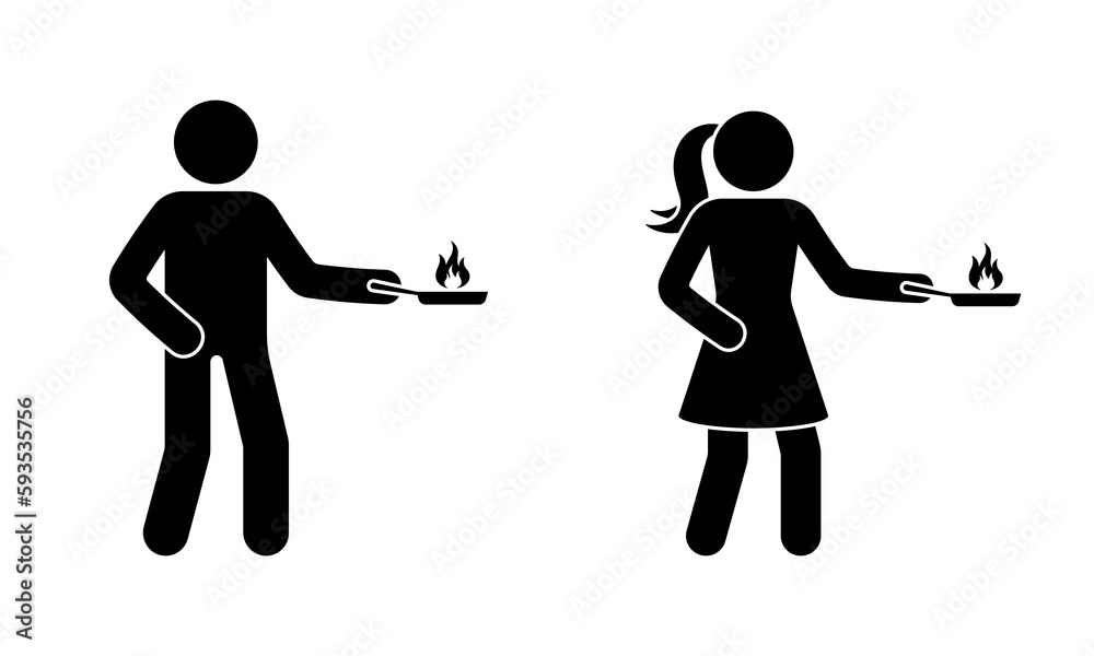 Vetor de Stick figure man and woman standing with burning frying pan ...