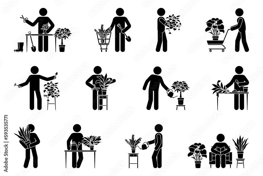 Stick figure male planting home flowers vector illustration set ...