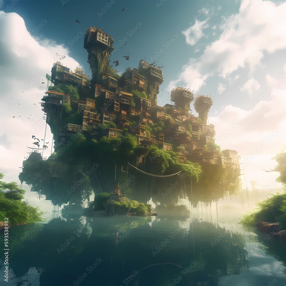 Floating city of naturally made buildings and forest landscape Stock ...