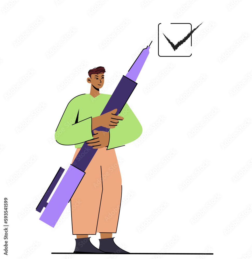 Flat cartoon character man standing with a large automatic pencil or ...