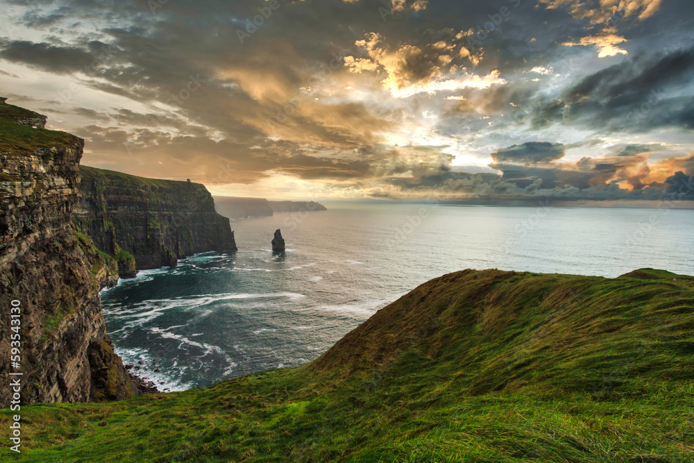 Cliffs of Moher above the Atlantic Ocean at sunset, Ireland. Stock ...