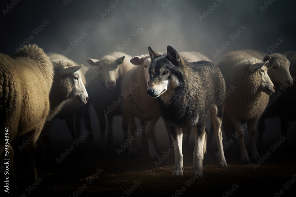 Wolf in sheep's clothing in the middle of herd of sheeps. Ai generated ...