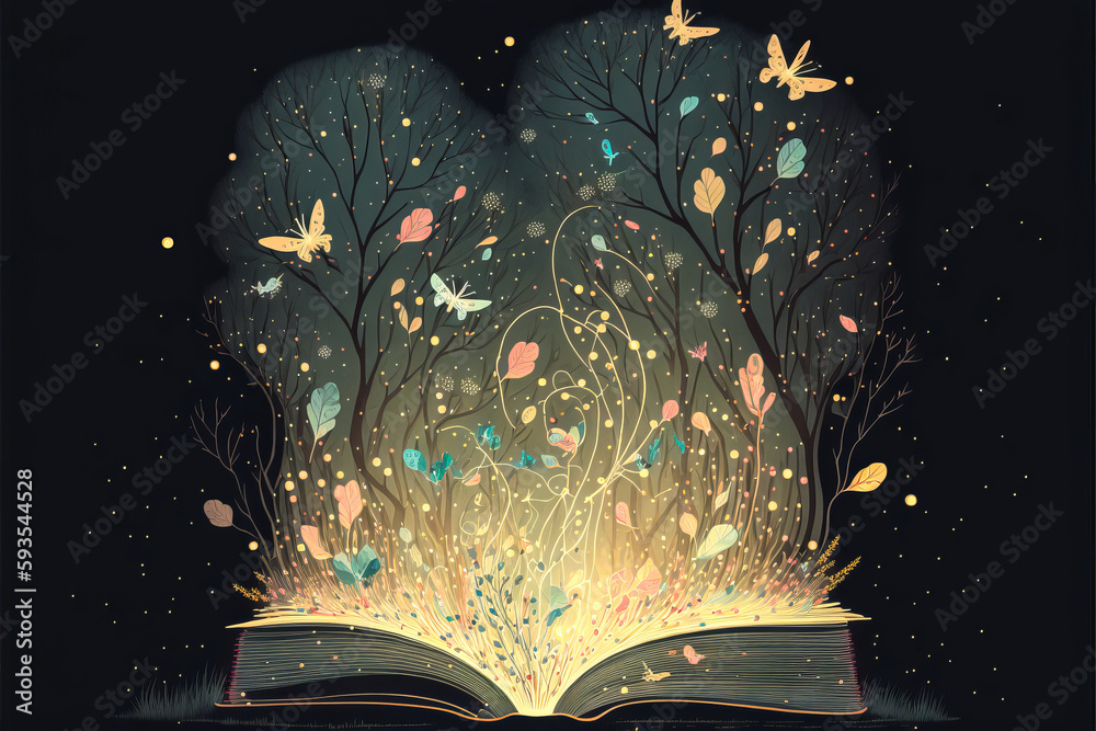 An open book releases a swarm of bright, golden butterflies with ...
