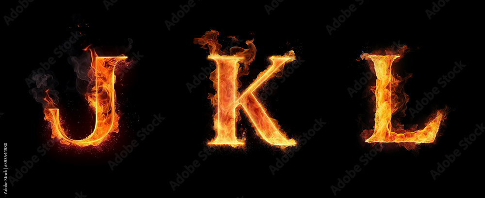 Alphabet capital letters J, K, L made with blazing fire flame ...