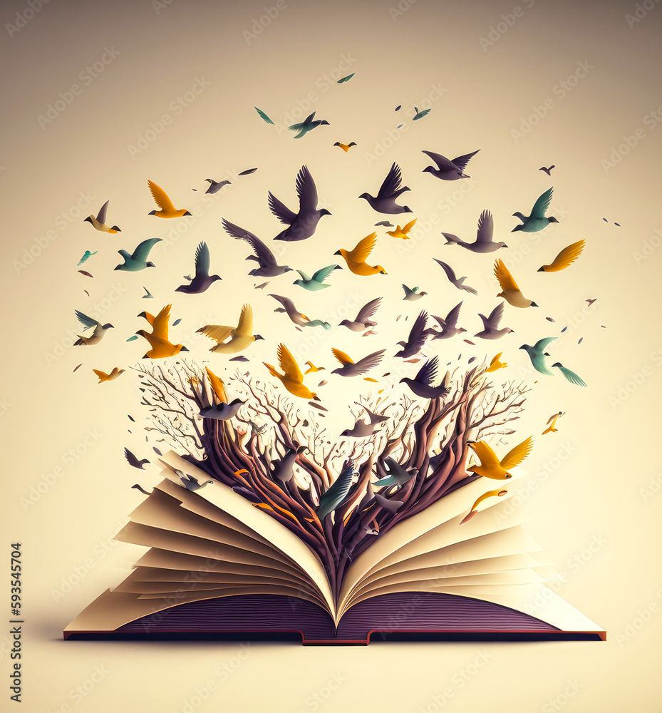 An open book releases birds, symbolizing liberation and connection with ...