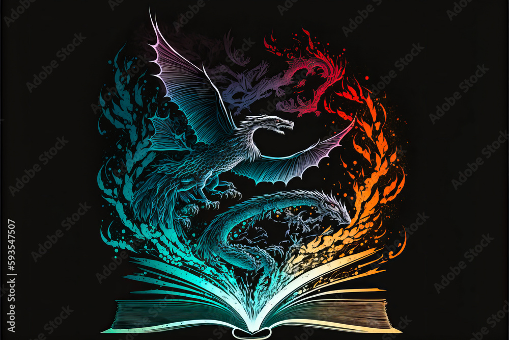 An illustration representing an open book that releases fabulous ...
