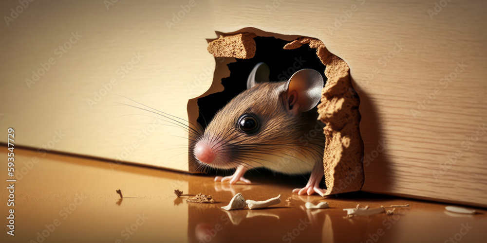 Small mouse sticking its head and ears out of the wall of a house ...