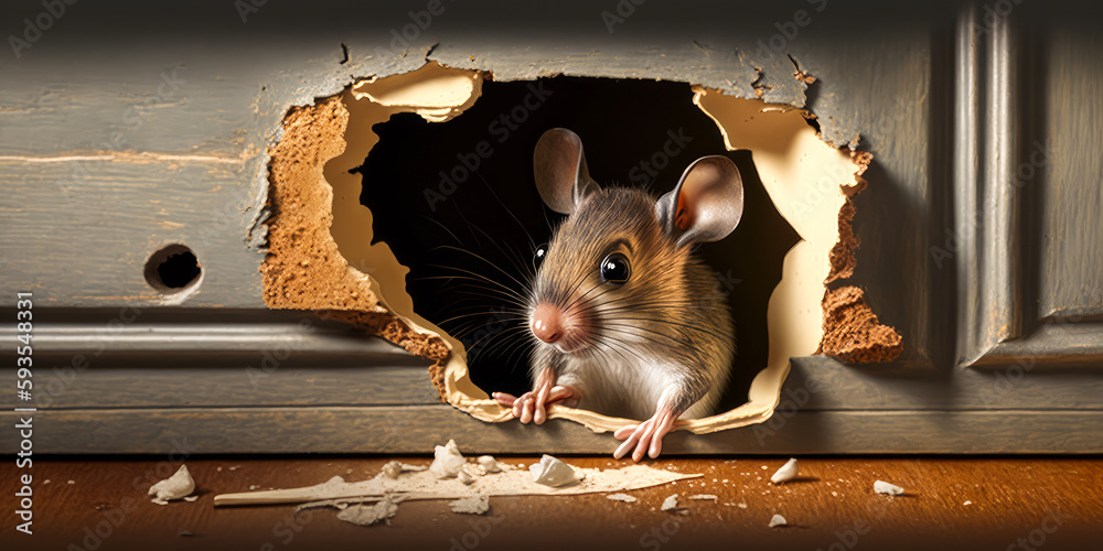 Small parasitic mouse observed cautiously in a wall and baseboard of a ...