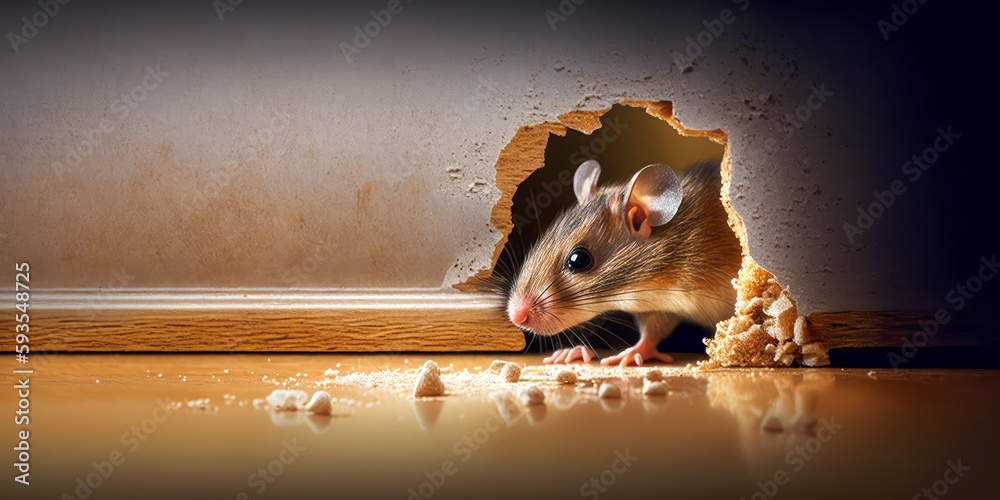 Small mouse comes out of hole in wall house. Illustrates need to ...