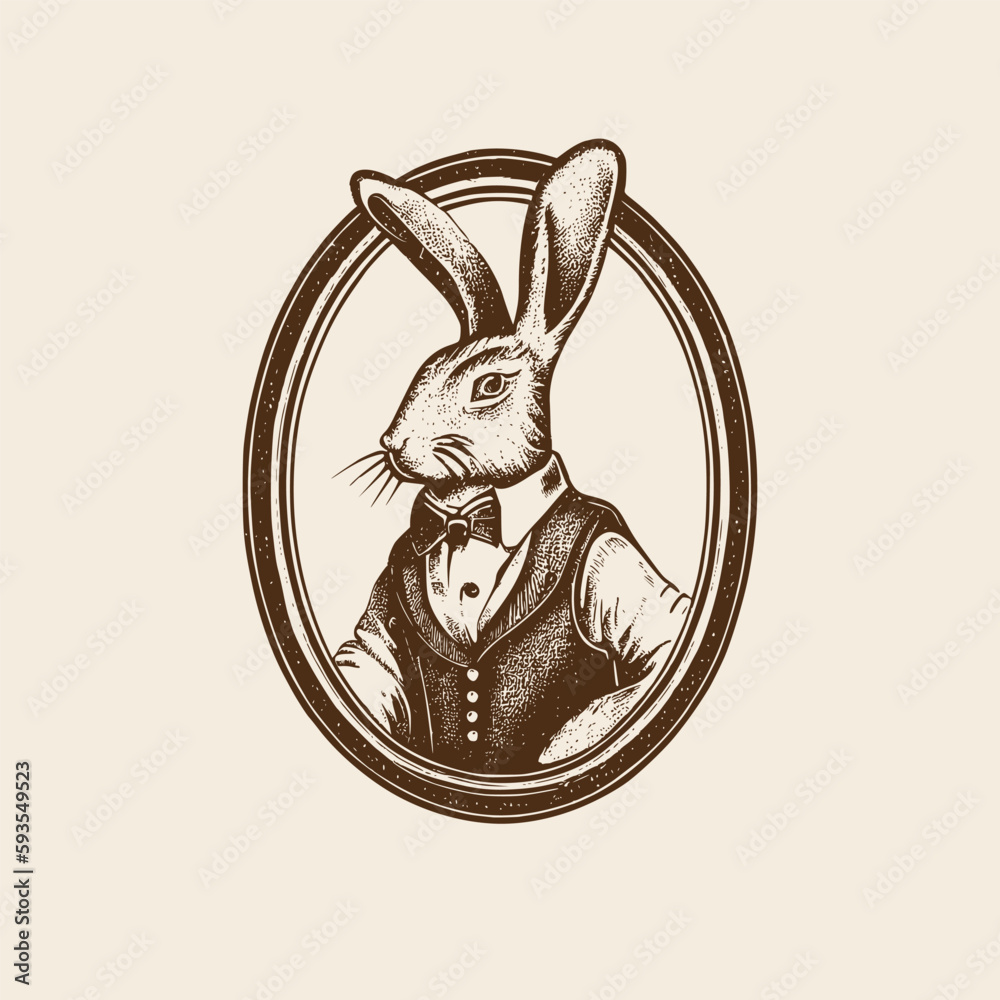 Obraz Vintage logo of a rabbit wearing a waitress vest. an old-school ...