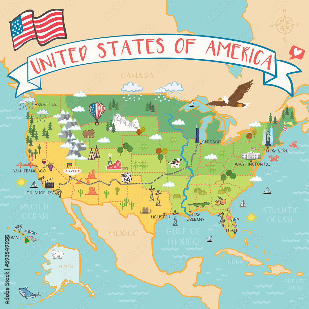 USA illustrated map - hand drawn map with landmarks Stock Illustration ...