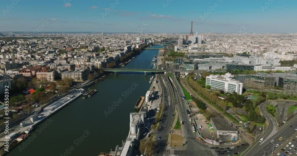 Paris aerial video with view of bridges, Seine river and Eiffel tower ...