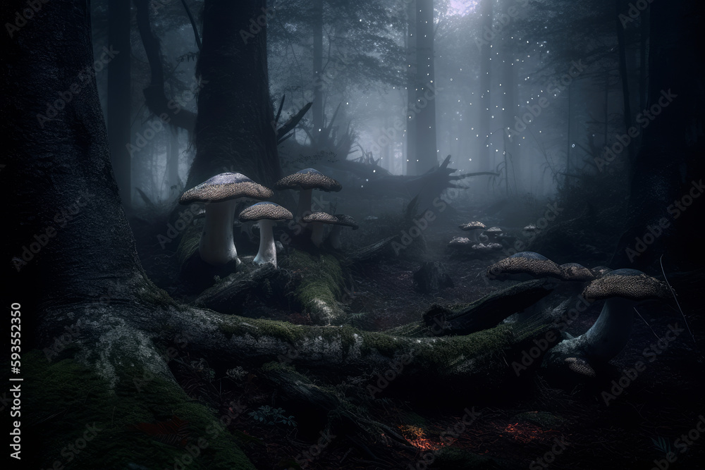 Alluring dark fantasy-style scene depicting a dense wooden forest with ...