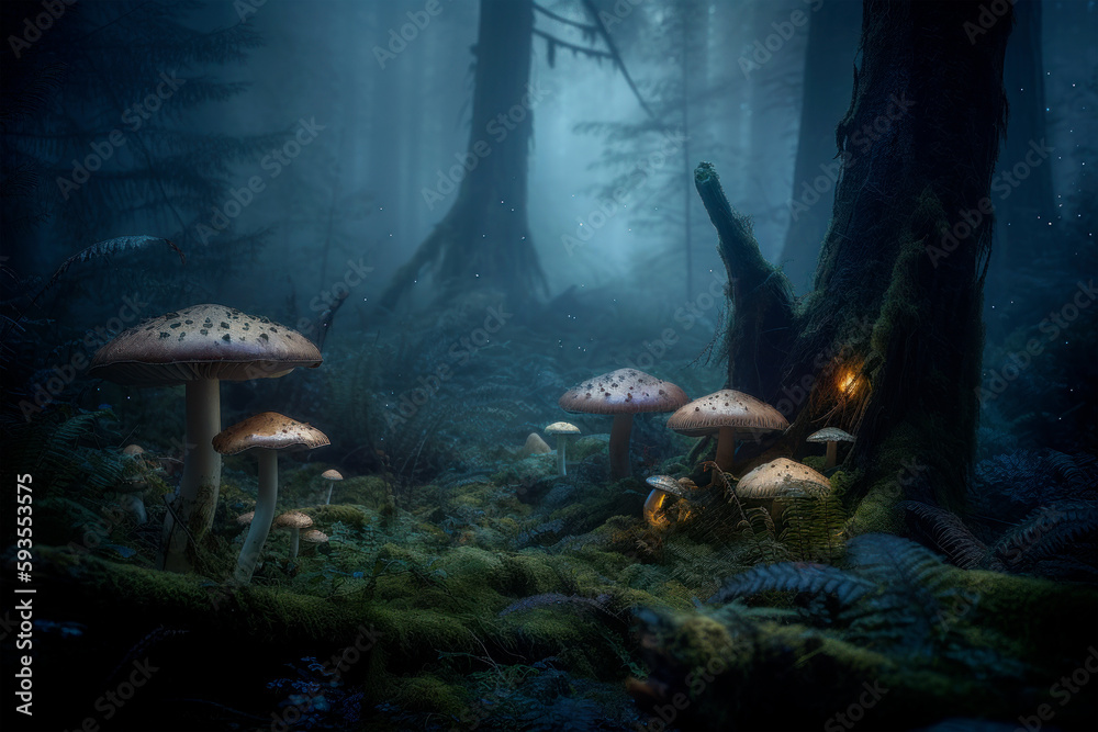 Mysterious dark wooden forest featuring mushrooms and magical fireflies ...